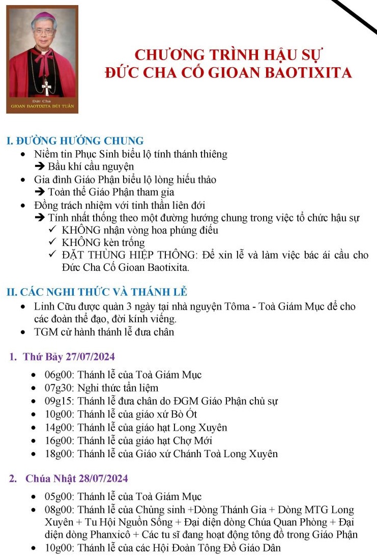 TÒA GIÁM MỤC LONG XUYÊN: CHƯƠNG TRÌNH HẬU SỰ CỦA ĐỨC CHA GIOAN BAOTIXITA BÙI TUẦN